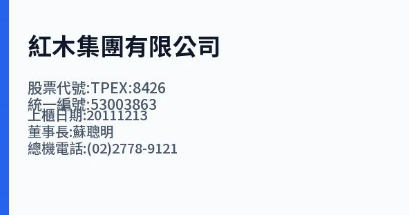 紅木集團有限公司 股票代號 TPEX:8426 統編 53003863 上櫃公司基本資料圖