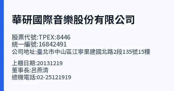 華研國際音樂股份有限公司 股票代號 TPEX:8446 統編 16842491 上櫃公司基本資料圖