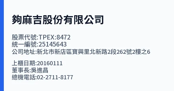 夠麻吉股份有限公司 股票代號 TPEX:8472 統編 25145643 上櫃公司基本資料圖
