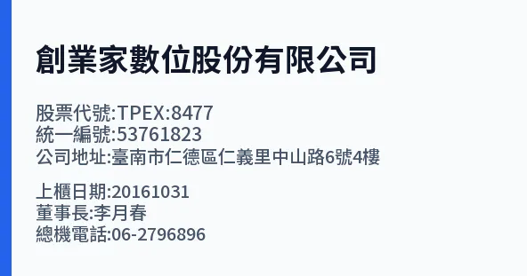 創業家數位股份有限公司 股票代號 TPEX:8477 統編 53761823 上櫃公司基本資料圖