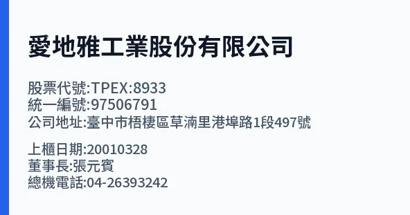 愛地雅工業股份有限公司 股票代號 TPEX:8933 統編 97506791 上櫃公司基本資料圖