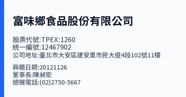 富味鄉食品股份有限公司 股票代號 TPEX:1260 統編 12467902 興櫃公司基本資料圖