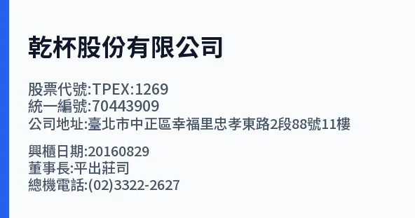 乾杯股份有限公司 股票代號 TPEX:1269 統編 70443909 興櫃公司基本資料圖