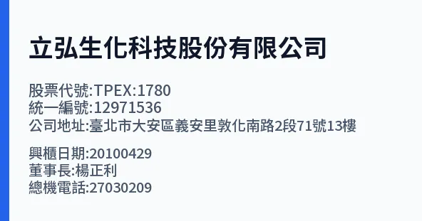 立弘生化科技股份有限公司 股票代號 TPEX:1780 統編 12971536 興櫃公司基本資料圖
