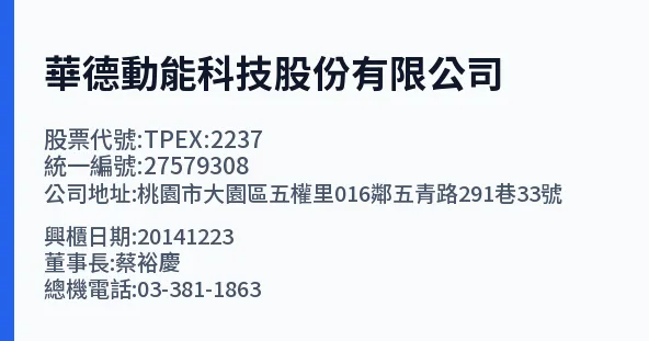 華德動能科技股份有限公司 股票代號 TPEX:2237 統編 27579308 興櫃公司基本資料圖