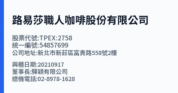 路易莎職人咖啡股份有限公司 股票代號 TPEX:2758 統編 54857699 興櫃公司基本資料圖