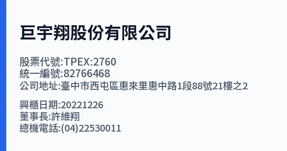 巨宇翔股份有限公司 股票代號 TPEX:2760 統編 82766468 興櫃公司基本資料圖