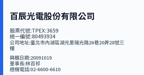 百辰光電股份有限公司 股票代號 TPEX:3659 統編 80493934 興櫃公司基本資料圖