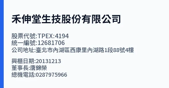 禾伸堂生技股份有限公司 股票代號 TPEX:4194 統編 12681706 興櫃公司基本資料圖