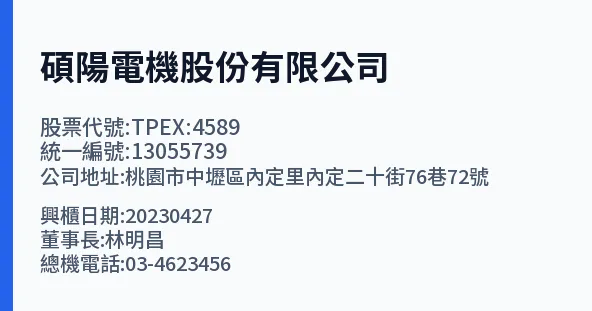碩陽電機股份有限公司 股票代號 TPEX:4589 統編 13055739 興櫃公司基本資料圖