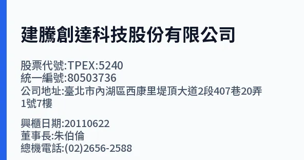 建騰創達科技股份有限公司 股票代號 TPEX:5240 統編 80503736 興櫃公司基本資料圖