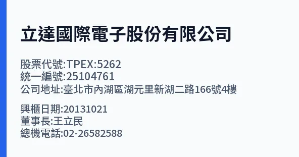 立達國際電子股份有限公司 股票代號 TPEX:5262 統編 25104761 興櫃公司基本資料圖