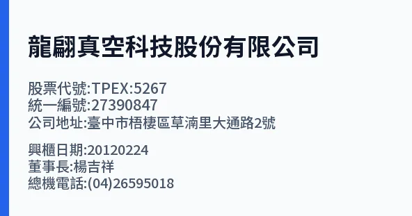龍翩真空科技股份有限公司 股票代號 TPEX:5267 統編 27390847 興櫃公司基本資料圖