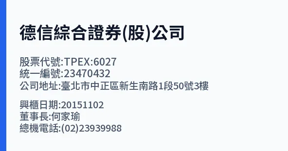 德信綜合證券(股)公司 股票代號 TPEX:6027 統編 23470432 興櫃公司基本資料圖