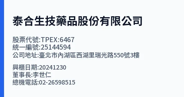 泰合生技藥品股份有限公司 股票代號 TPEX:6467 統編 25144594 興櫃公司基本資料圖