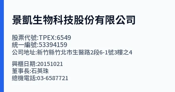 景凱生物科技股份有限公司 股票代號 TPEX:6549 統編 53394159 興櫃公司基本資料圖