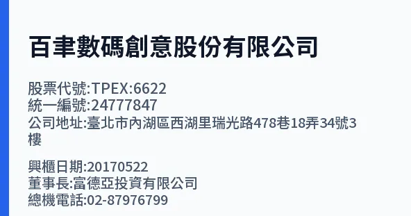 百聿數碼創意股份有限公司 股票代號 TPEX:6622 統編 24777847 興櫃公司基本資料圖