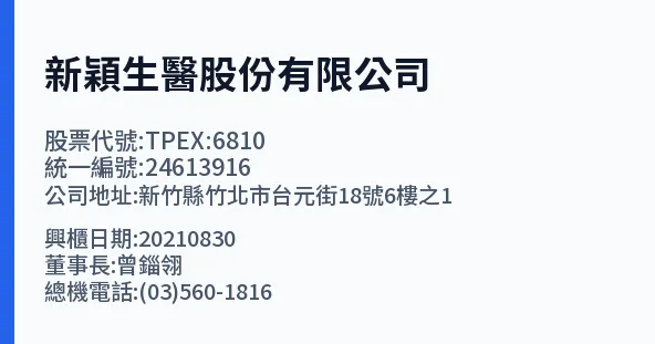 新穎生醫股份有限公司 股票代號 TPEX:6810 統編 24613916 興櫃公司基本資料圖