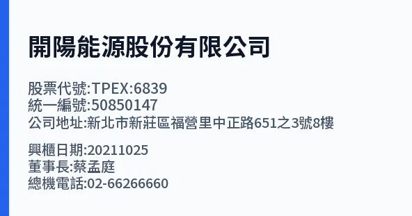 開陽能源股份有限公司 股票代號 TPEX:6839 統編 50850147 興櫃公司基本資料圖