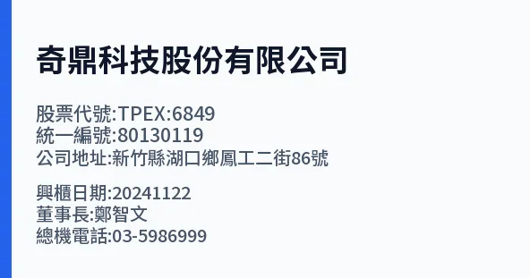 奇鼎科技股份有限公司 股票代號 TPEX:6849 統編 80130119 興櫃公司基本資料圖