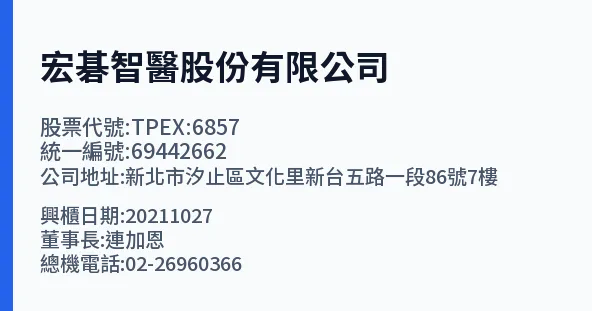 宏碁智醫股份有限公司 股票代號 TPEX:6857 統編 69442662 興櫃公司基本資料圖
