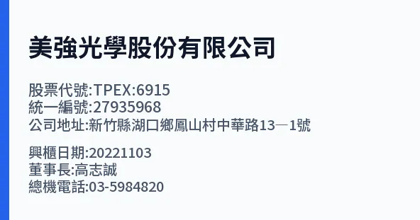 美強光學股份有限公司 股票代號 TPEX:6915 統編 27935968 興櫃公司基本資料圖