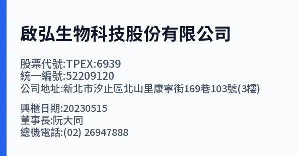 啟弘生物科技股份有限公司 股票代號 TPEX:6939 統編 52209120 興櫃公司基本資料圖