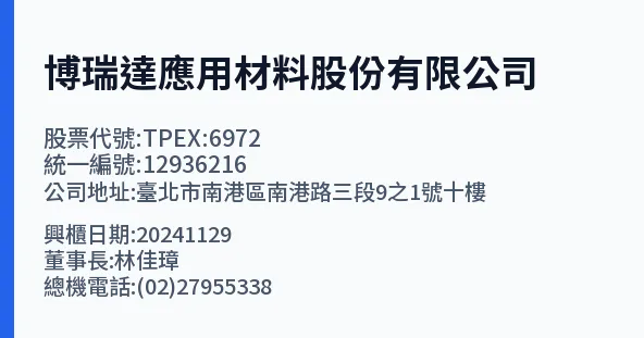 博瑞達應用材料股份有限公司 股票代號 TPEX:6972 統編 12936216 興櫃公司基本資料圖