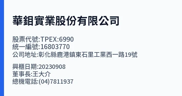 華鉬實業股份有限公司 股票代號 TPEX:6990 統編 16803770 興櫃公司基本資料圖
