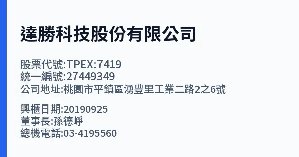 達勝科技股份有限公司 股票代號 TPEX:7419 統編 27449349 興櫃公司基本資料圖