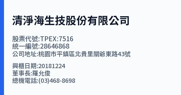 清淨海生技股份有限公司 股票代號 TPEX:7516 統編 28646868 興櫃公司基本資料圖