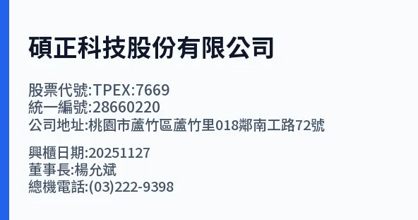 碩正科技股份有限公司 股票代號 TPEX:7669 統編 28660220 興櫃公司基本資料圖