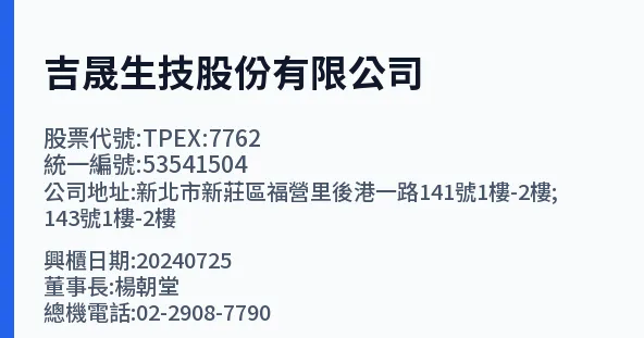 吉晟生技股份有限公司 股票代號 TPEX:7762 統編 53541504 興櫃公司基本資料圖