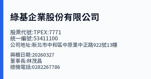 綠基企業股份有限公司 股票代號 TPEX:7771 統編 53411100 興櫃公司基本資料圖