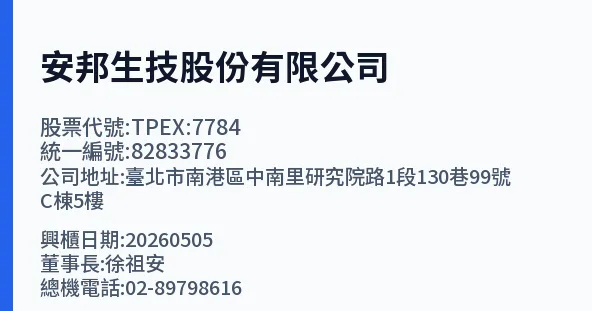 安邦生技股份有限公司 股票代號 TPEX:7784 統編 82833776 興櫃公司基本資料圖