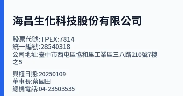 海昌生化科技股份有限公司 股票代號 TPEX:7814 統編 28540318 興櫃公司基本資料圖