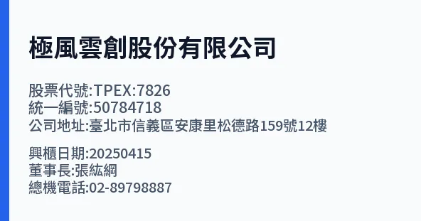 極風雲創股份有限公司 股票代號 TPEX:7826 統編 50784718 興櫃公司基本資料圖