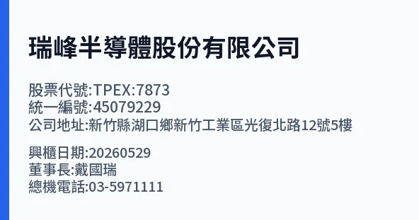 瑞峰半導體股份有限公司 股票代號 TPEX:7873 統編 45079229 興櫃公司基本資料圖