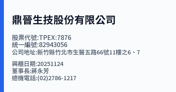 鼎晉生技股份有限公司 股票代號 TPEX:7876 統編 82943056 興櫃公司基本資料圖