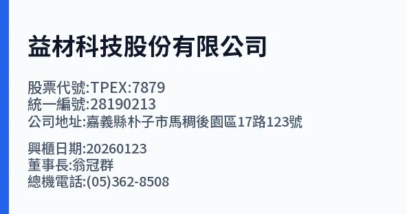 益材科技股份有限公司 股票代號 TPEX:7879 統編 28190213 興櫃公司基本資料圖