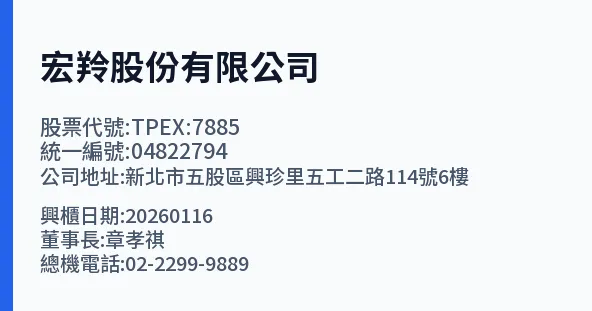宏羚股份有限公司 股票代號 TPEX:7885 統編 04822794 興櫃公司基本資料圖
