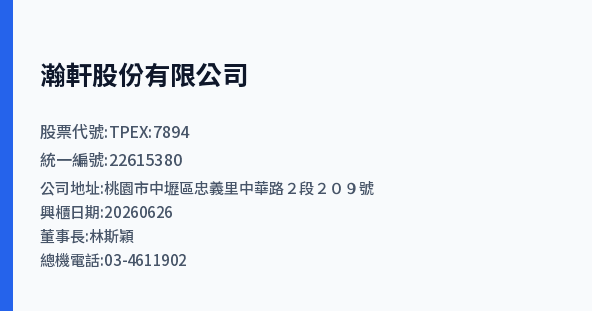 瀚軒股份有限公司 股票代號 TPEX:7894 統編 22615380 興櫃公司基本資料圖