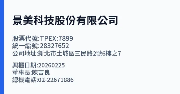 景美科技股份有限公司 股票代號 TPEX:7899 統編 28327652 興櫃公司基本資料圖