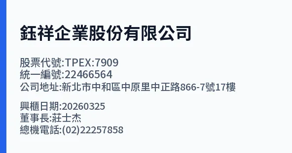 鈺祥企業股份有限公司 股票代號 TPEX:7909 統編 22466564 興櫃公司基本資料圖