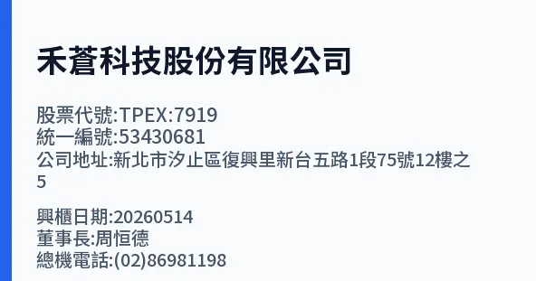 禾蒼科技股份有限公司 股票代號 TPEX:7919 統編 53430681 興櫃公司基本資料圖