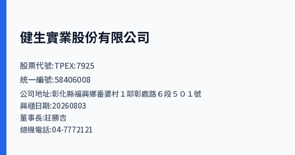 健生實業股份有限公司 股票代號 TPEX:7925 統編 58406008 興櫃公司基本資料圖