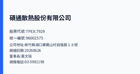 碩通散熱股份有限公司 股票代號 TPEX:7929 統編 96002575 興櫃公司基本資料圖