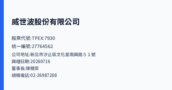 威世波股份有限公司 股票代號 TPEX:7930 統編 27764562 興櫃公司基本資料圖