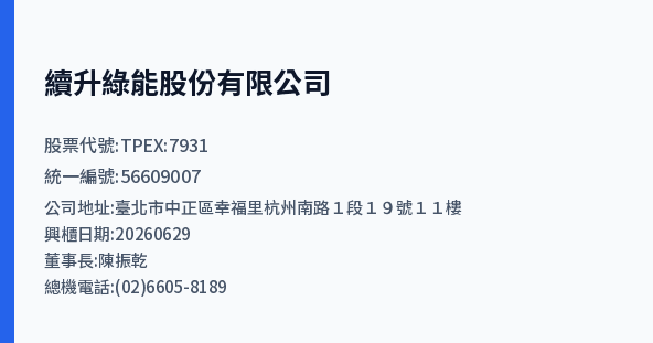 續升綠能股份有限公司 股票代號 TPEX:7931 統編 56609007 興櫃公司基本資料圖