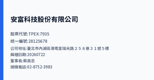安富科技股份有限公司 股票代號 TPEX:7935 統編 28125678 興櫃公司基本資料圖